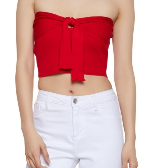 Tops | Rib Knit Tie Front Cropped Tube Top | Poshmark